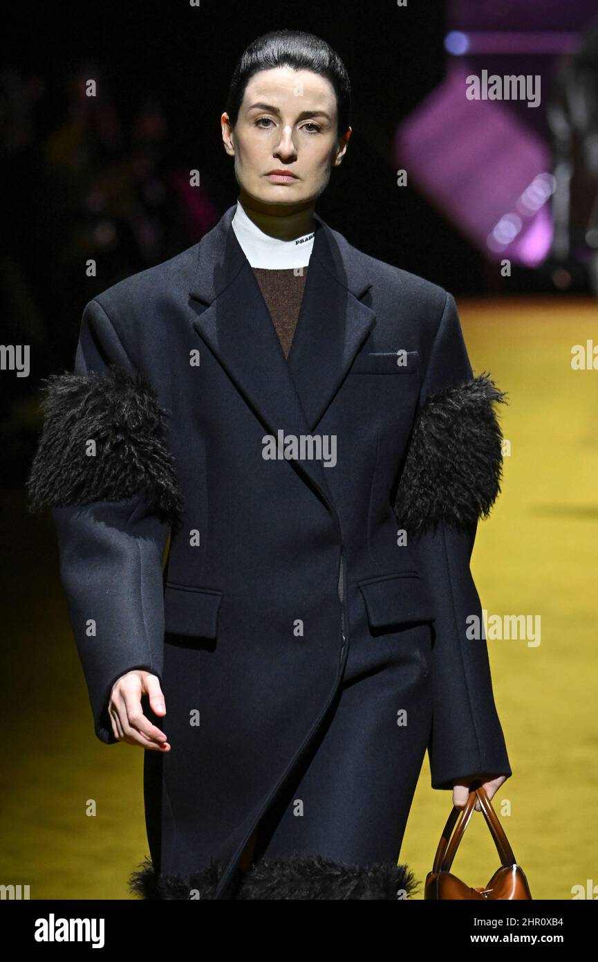 Model Erin O'Connor walks on the runway at the Prada fashion show ...
