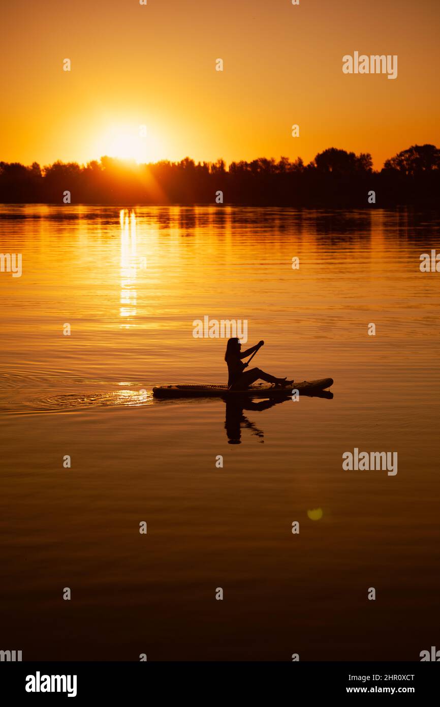Relaxed lady silhouette sup boarding with paddle in hands on evening ...