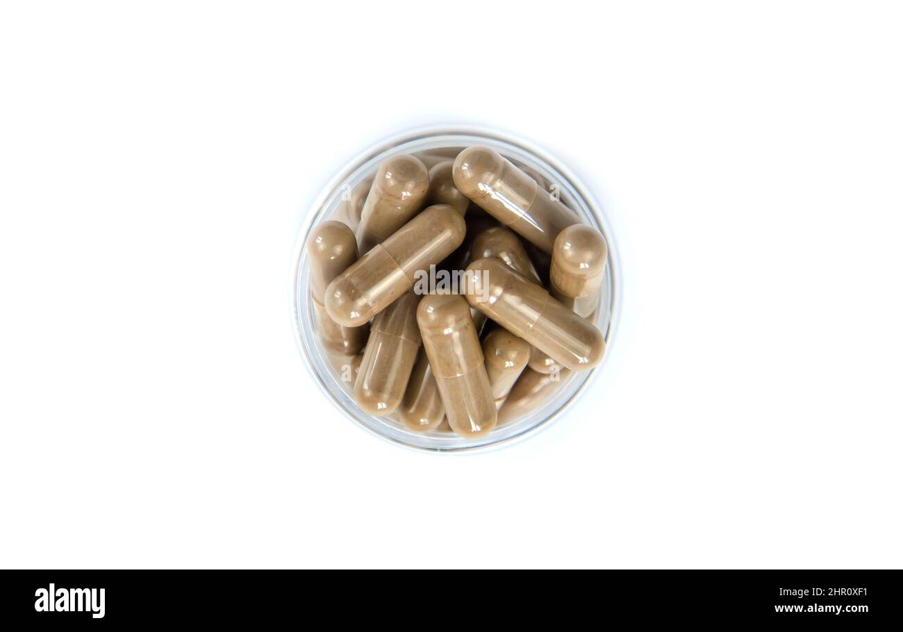 Supplements and vitamins isolate on white background. Selective focus ...