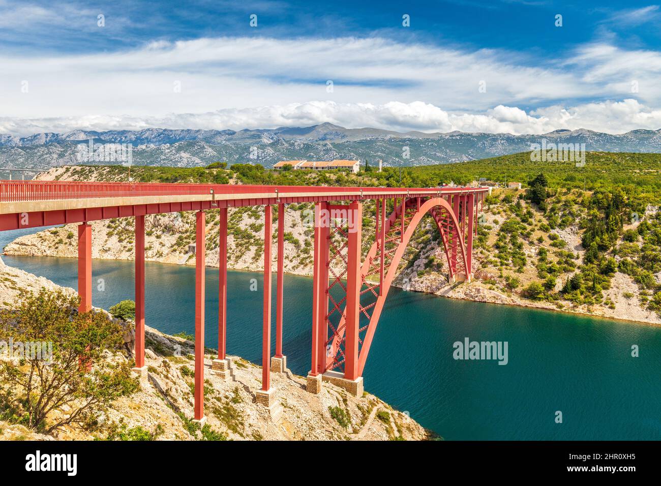 MASLENICA, CROATIA - JUL 15, 2019: The Maslenica Bridge, a deck arch ...