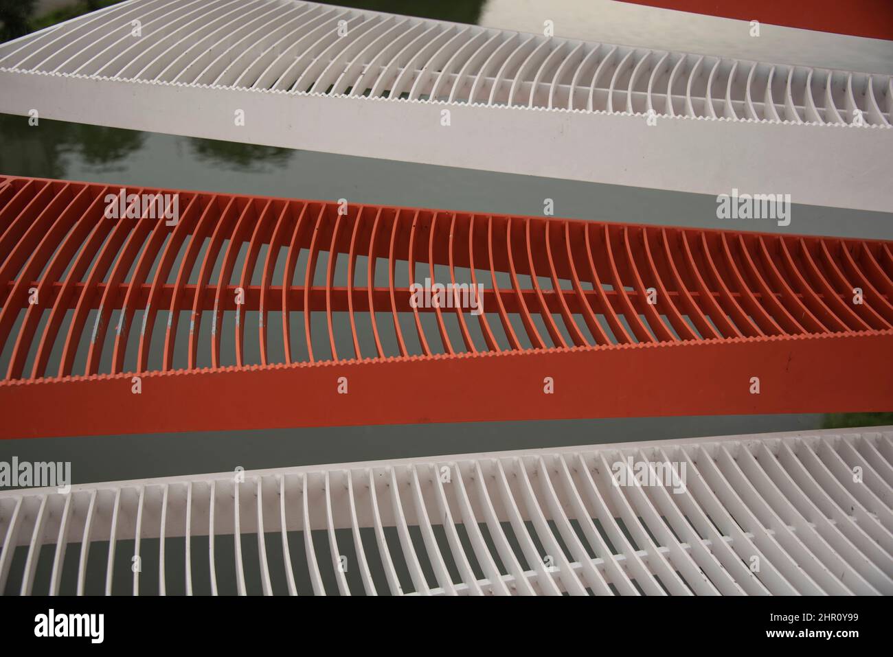 close-up of the metal steps of an outlook tower over a river Stock ...