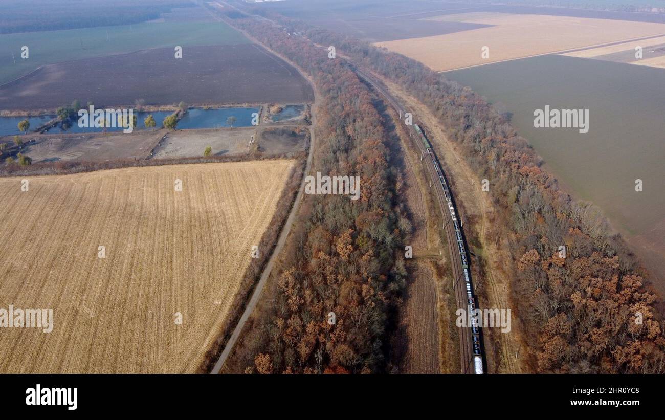 Panoramic Moving Freight Train Along Railway Tracks, Trees Agricultural ...
