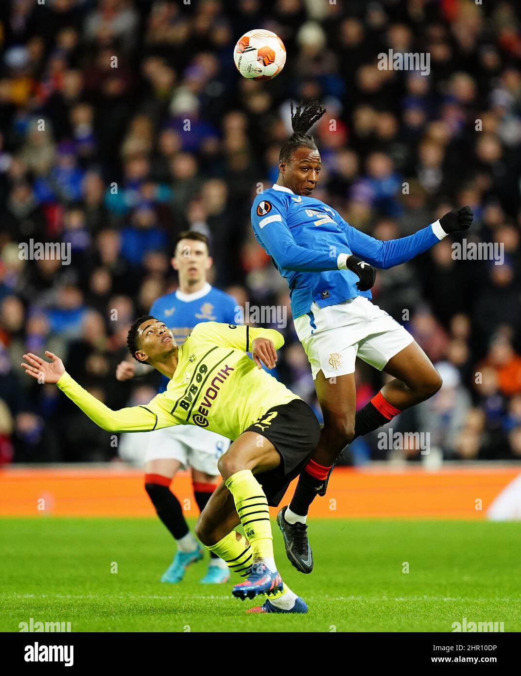 Borussia Dortmund's Jude Bellingham (left) and Rangers' Joe Aribo in ...