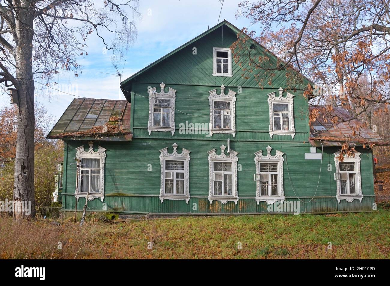 Old and abandoned wooden house in Zelenogorsk, Russia. Falling apart ...