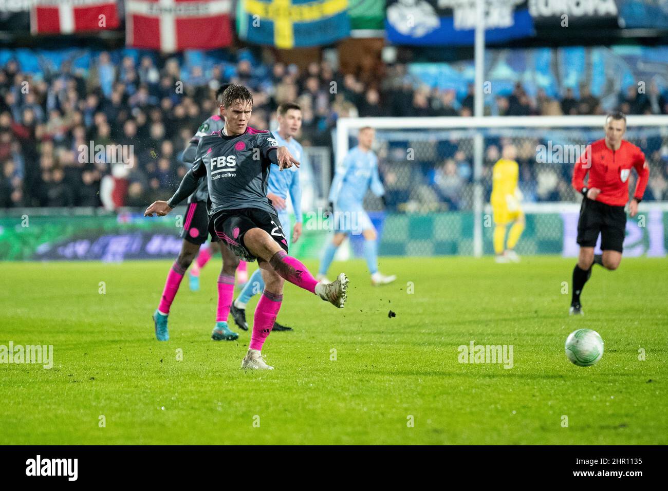 Randers, Denmark. 24th Feb, 2022. Jannik Vestergaard (23) of Leicester ...
