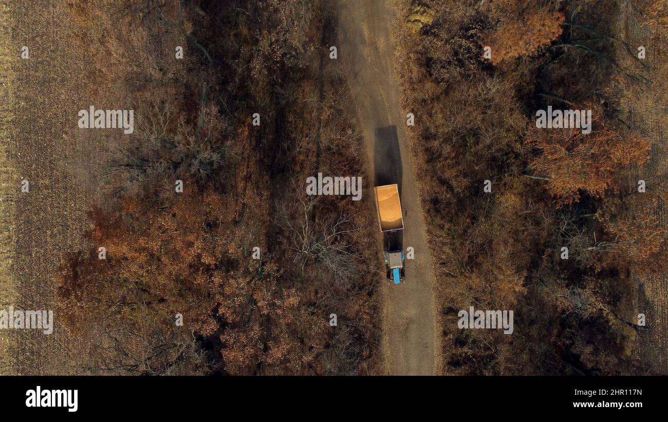 Aerial Drone View Flight Over Blue Tractor With Trailer Filled Yellow ...