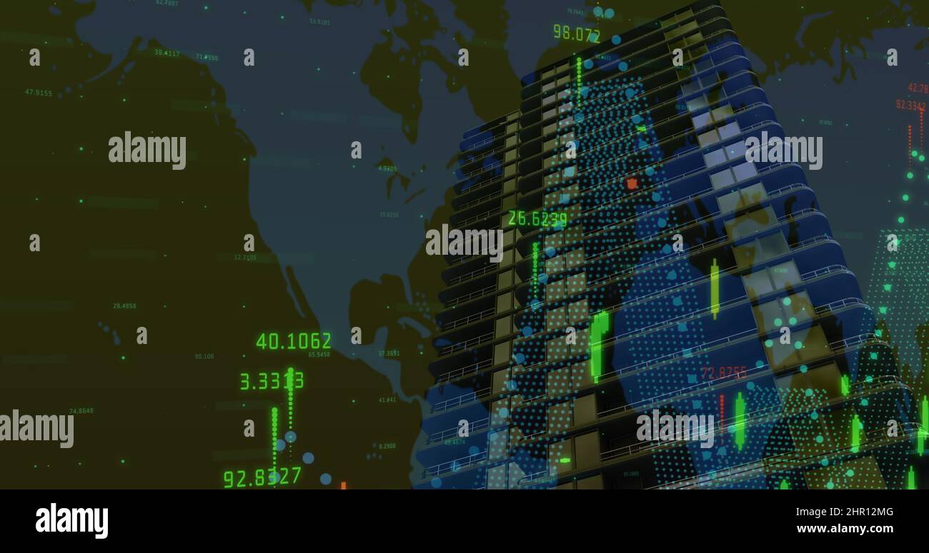 Image of financial data processing over building Stock Photo - Alamy