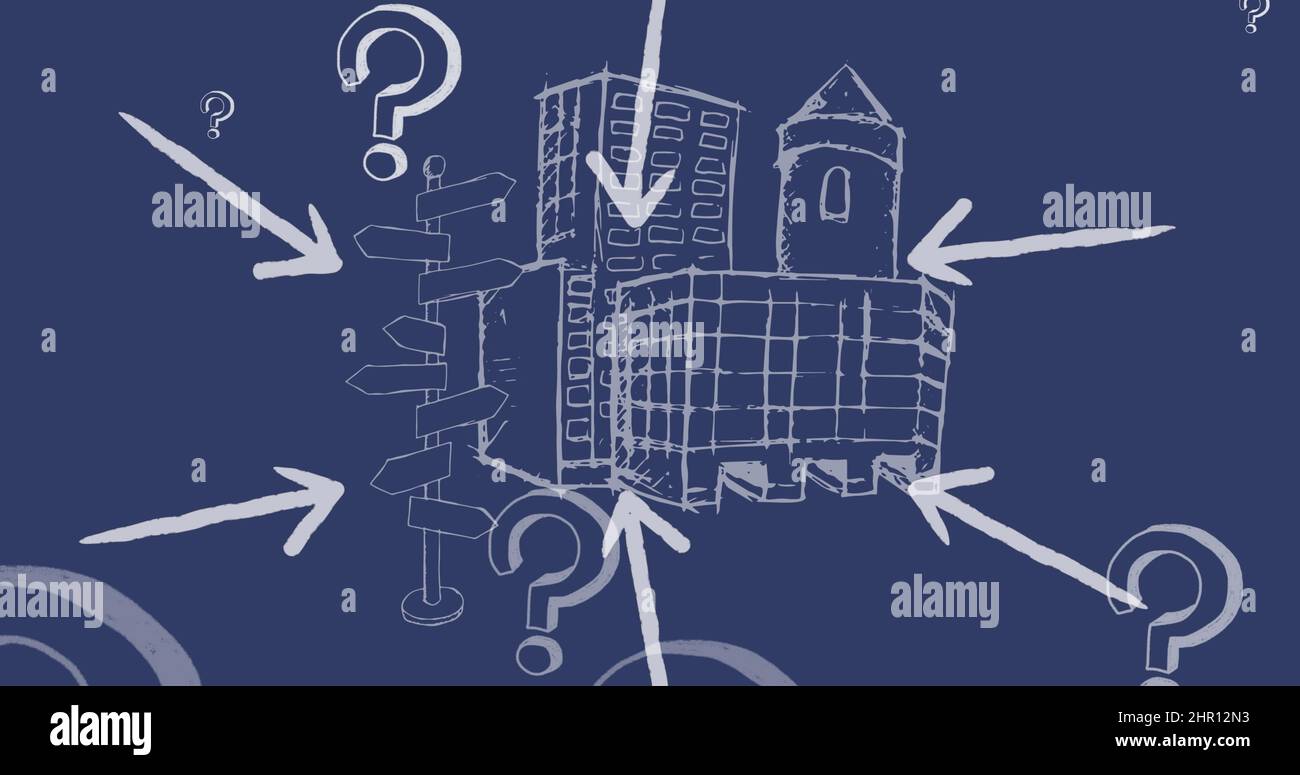 Image of question marks and arrows over city Stock Photo - Alamy