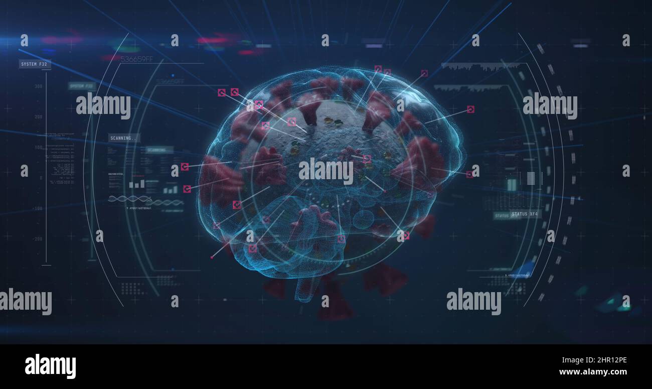 Image of covid 19 cells with human brain over scope scanning Stock ...