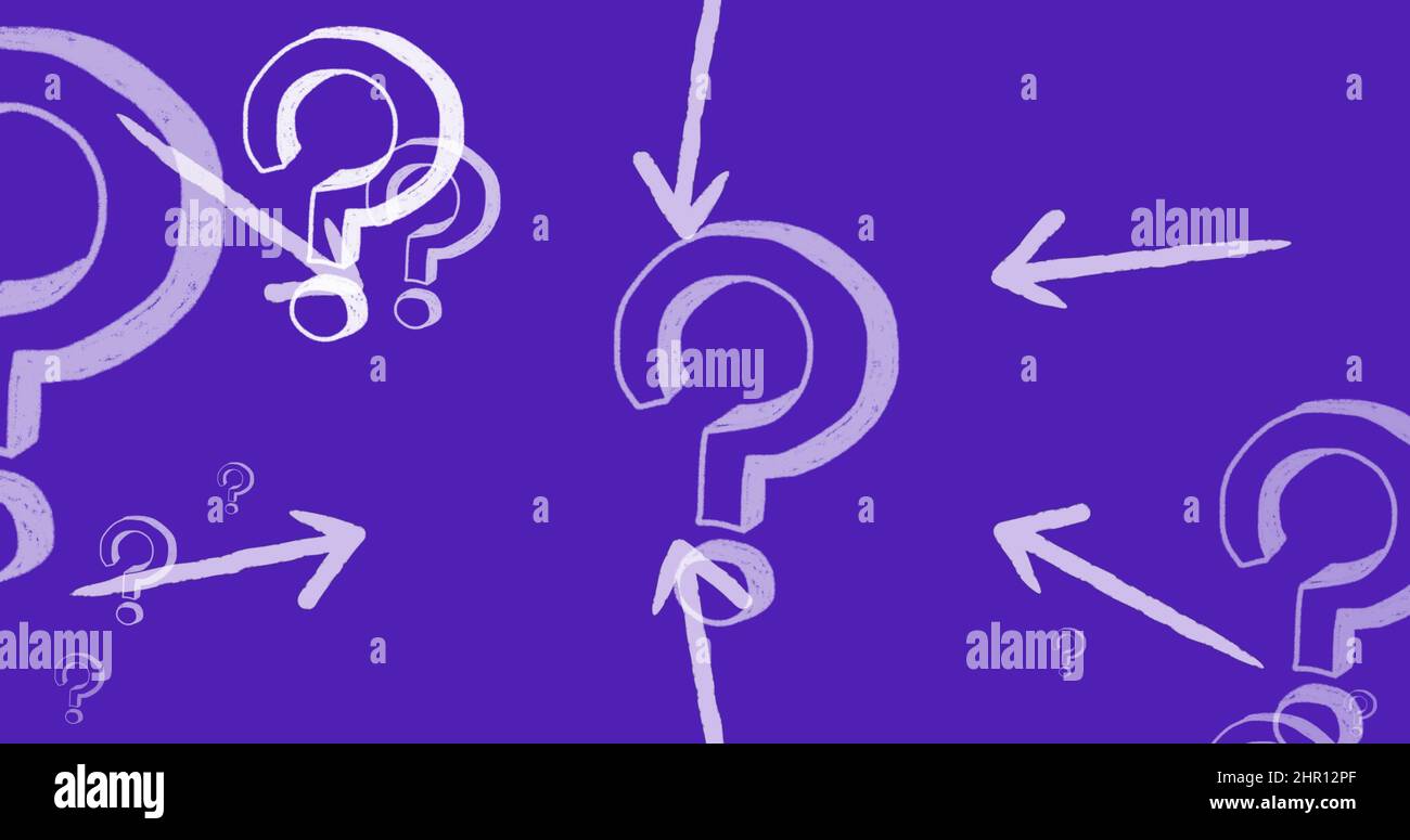 Image of question marks and arrows on blue background Stock Photo - Alamy
