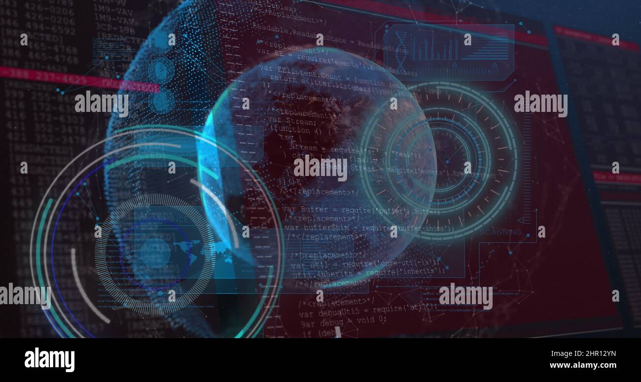 Image of data processing on screens over glowing planet earth Stock ...