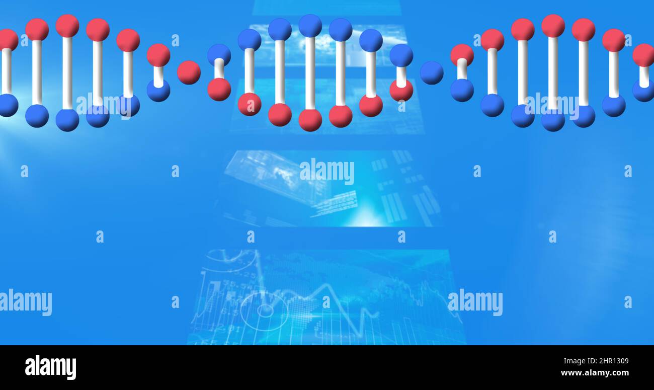 Image of dna strand spinning and medical data on screens on blue ...