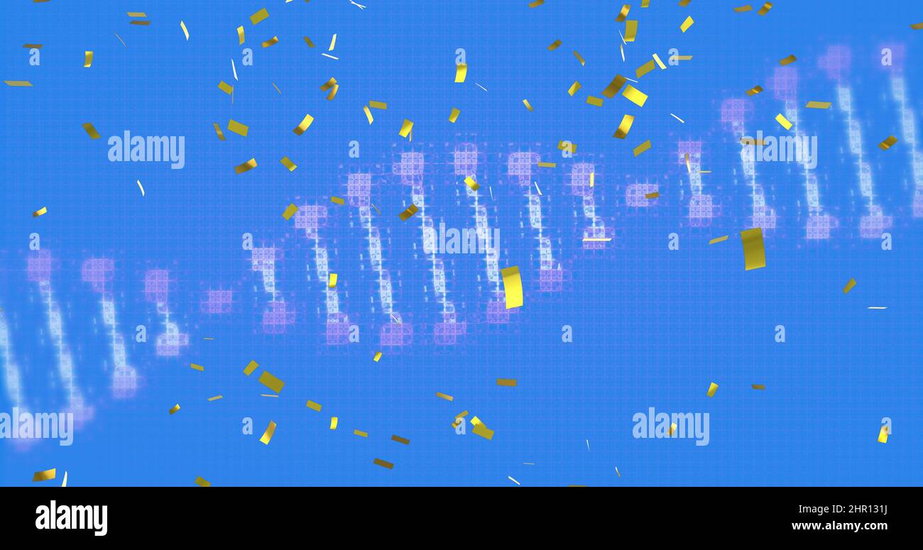 Image of dna strand spinning and gold confetti on blue background Stock ...