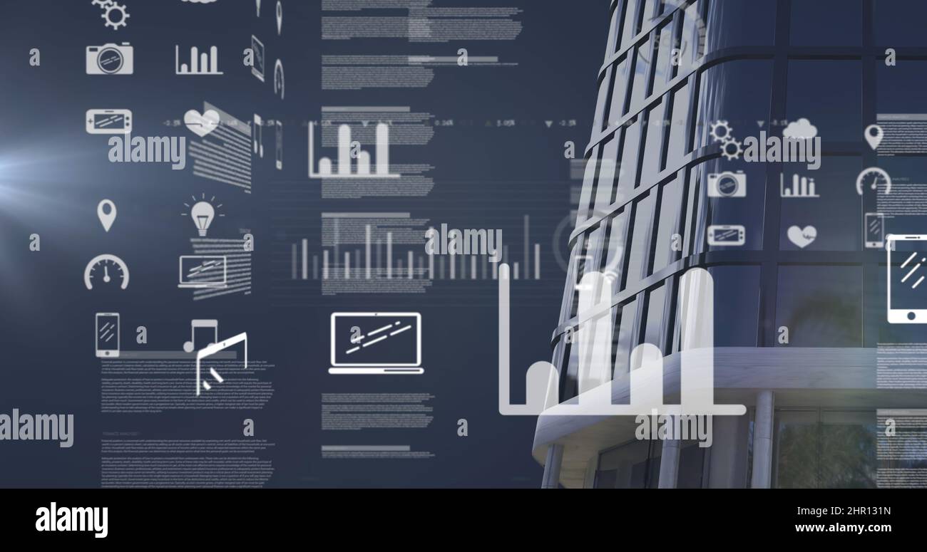 Image of financial data processing over building Stock Photo - Alamy