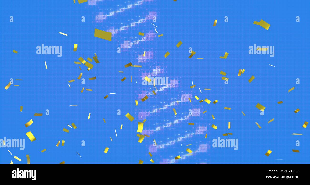 Image of dna strand spinning and gold confetti on blue background Stock ...