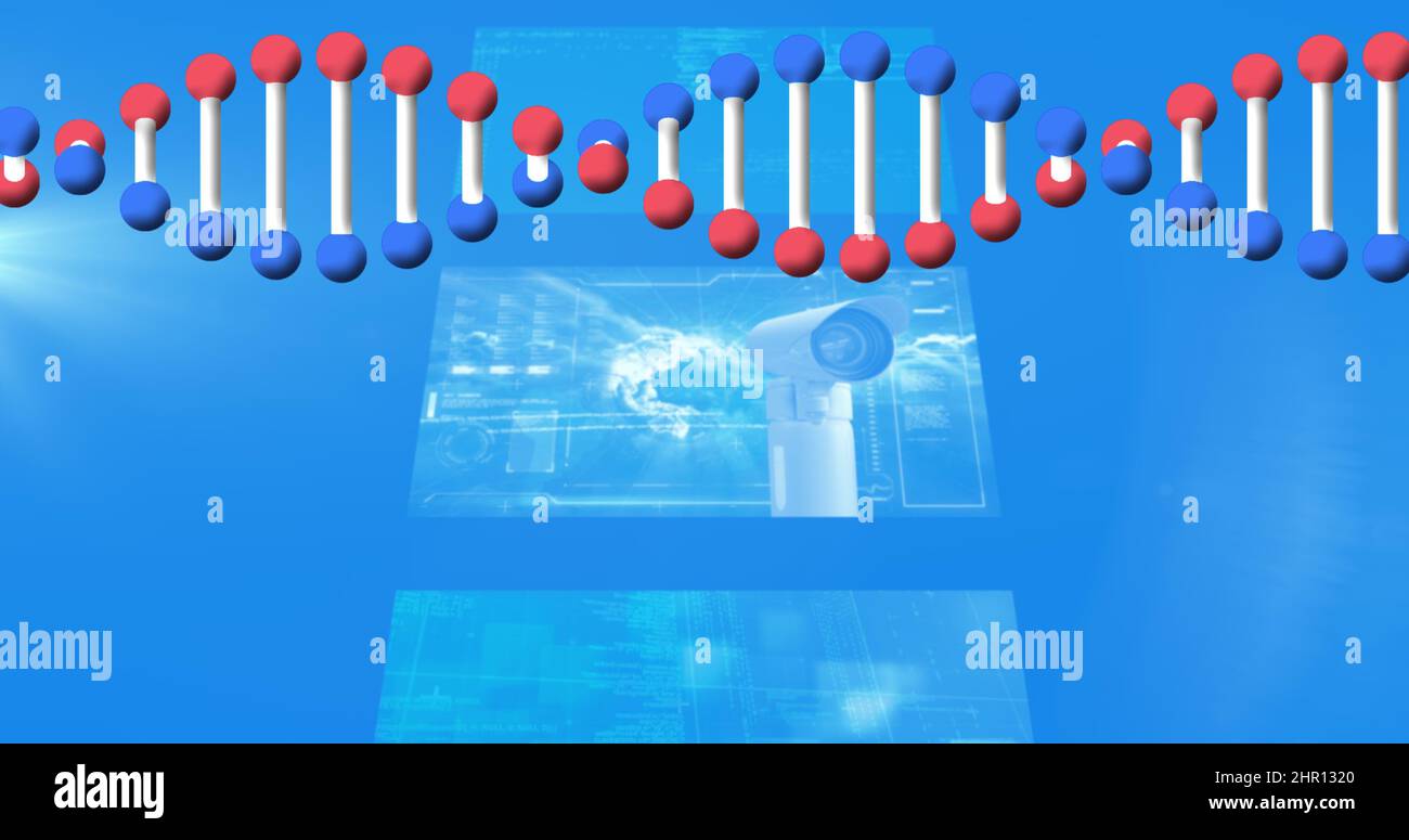 Image of dna strand spinning and medical data on screens on blue ...