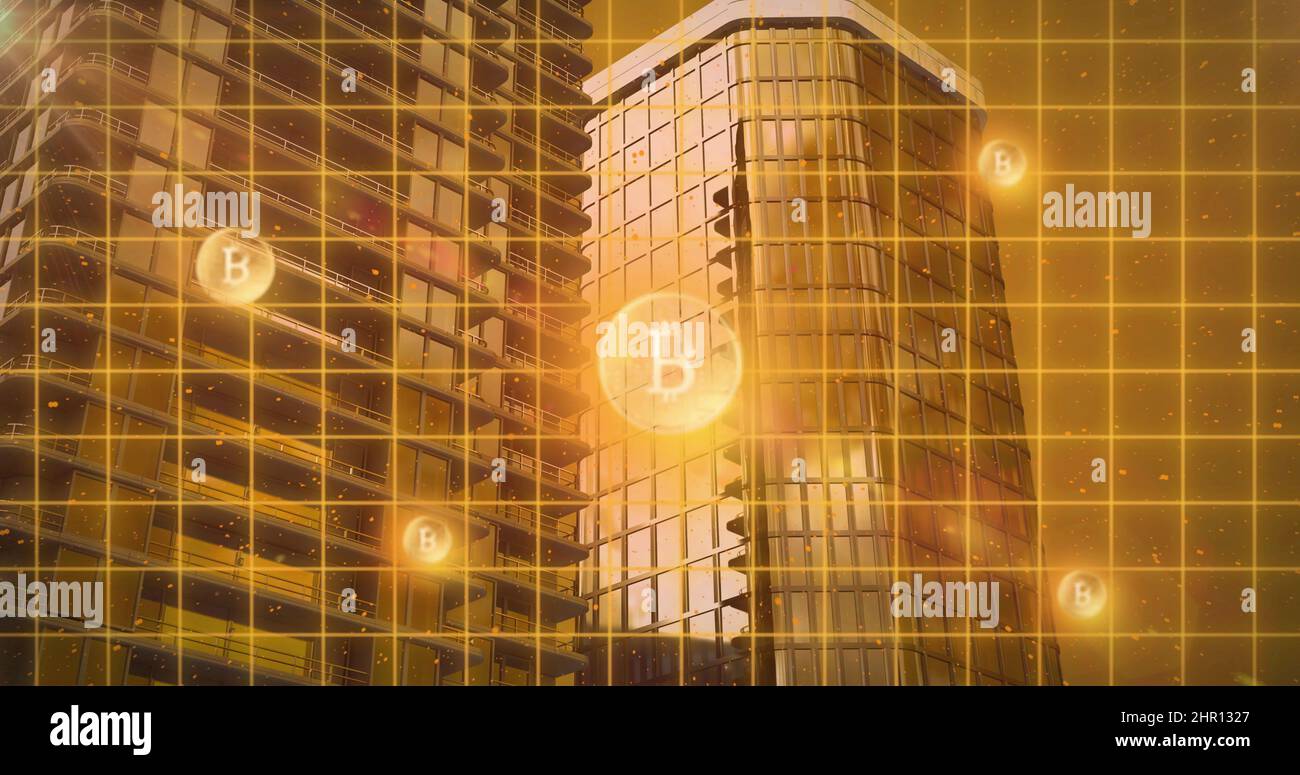 Image of bitcoin symbols over buildings Stock Photo - Alamy
