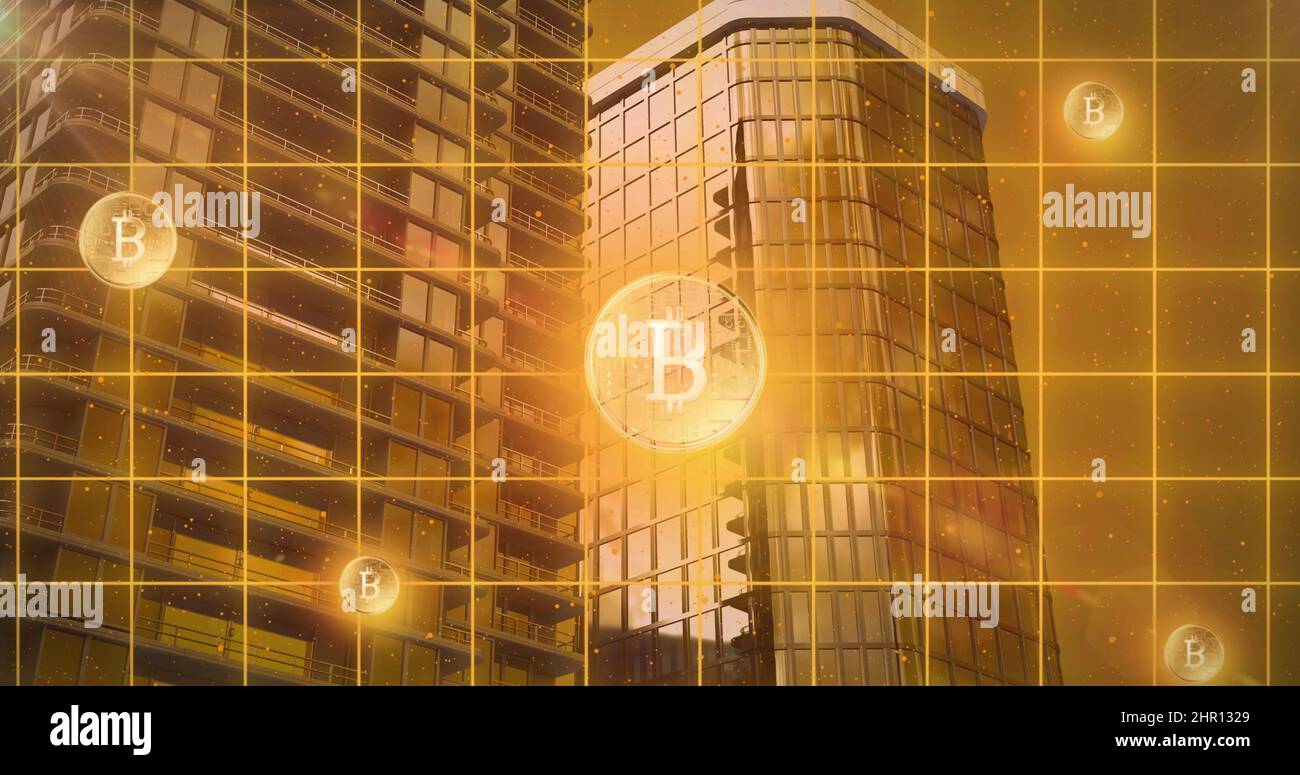 Image of bitcoin symbols over buildings Stock Photo - Alamy