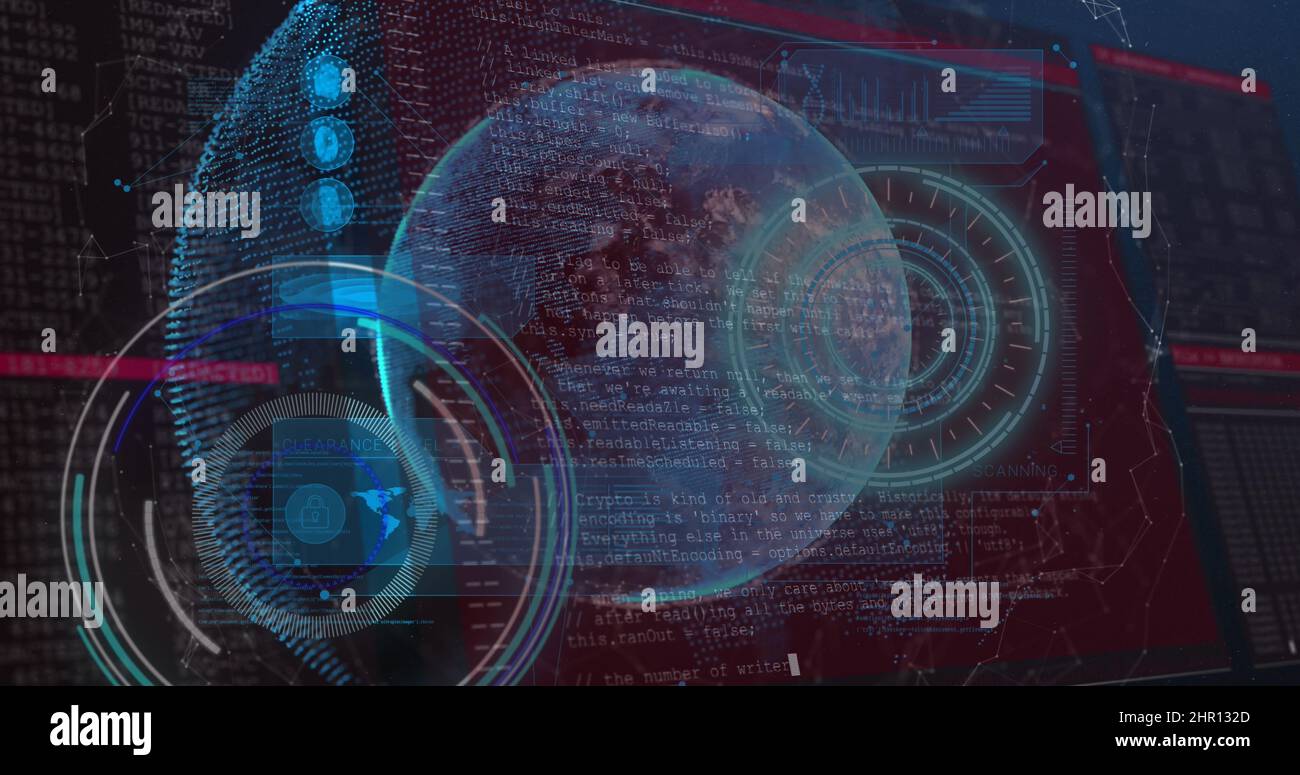 Image of data processing on screens over glowing planet earth Stock ...