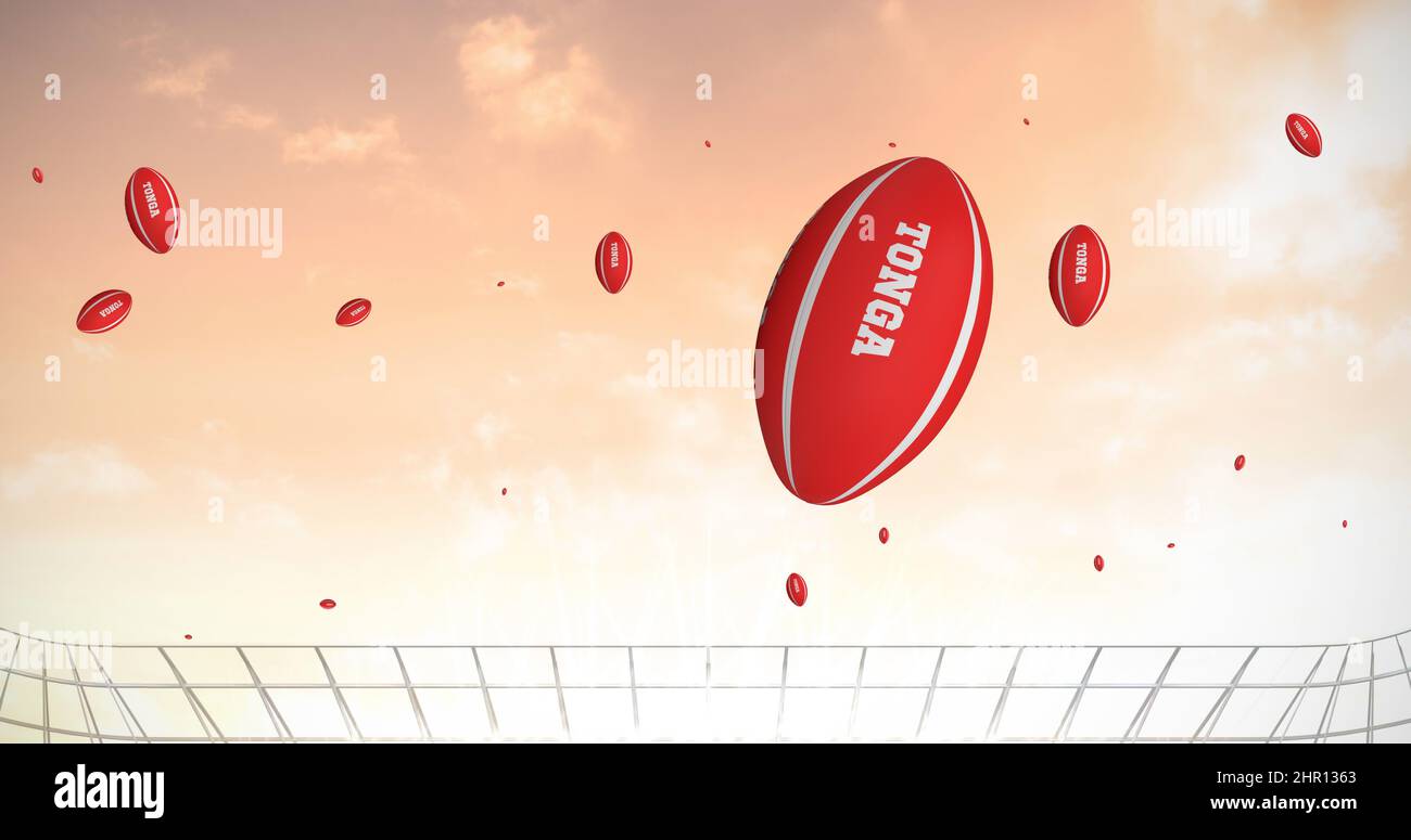 Image of red rugby balls with tonga text at stadium Stock Photo - Alamy