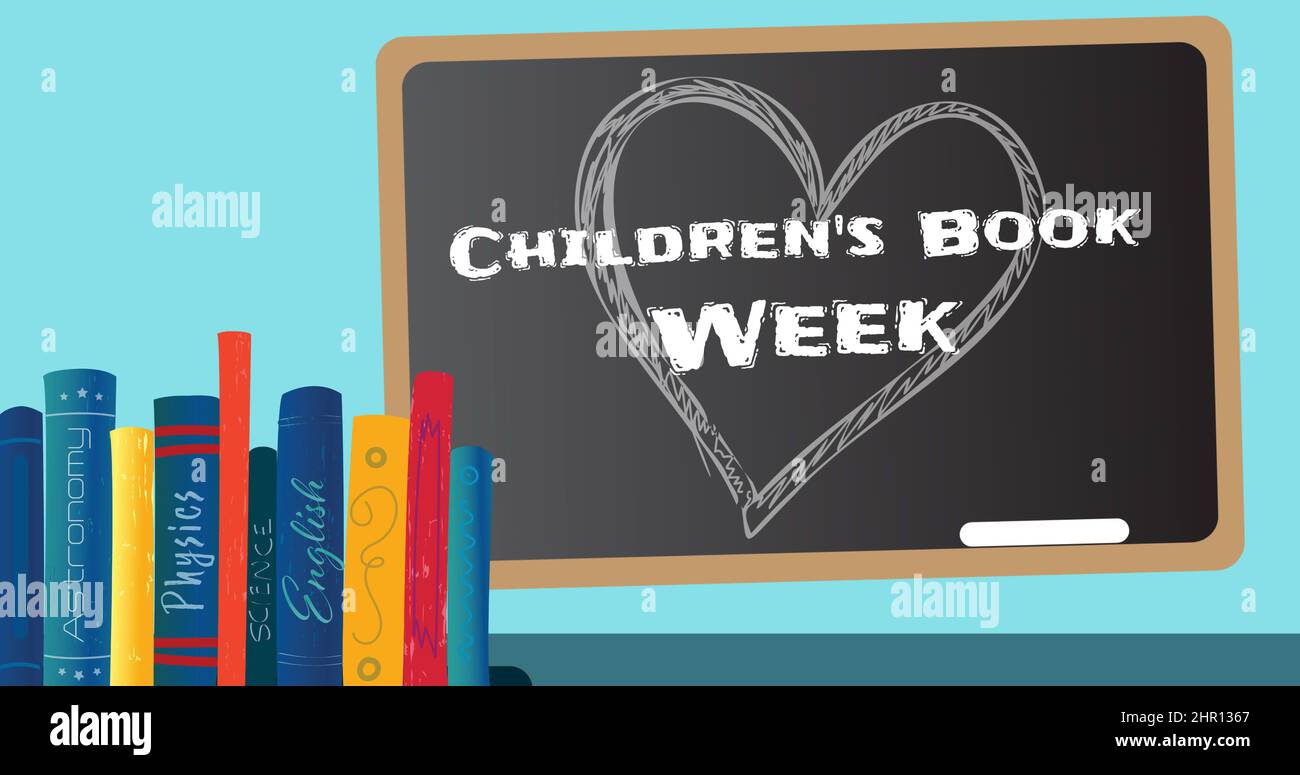 Image of children book week text over blackboard and books on blue ...