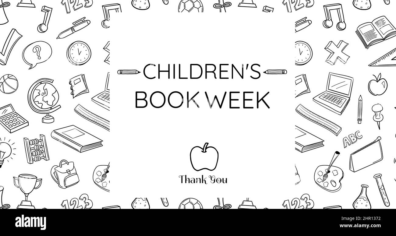 Image of children book week text over school items on white background ...