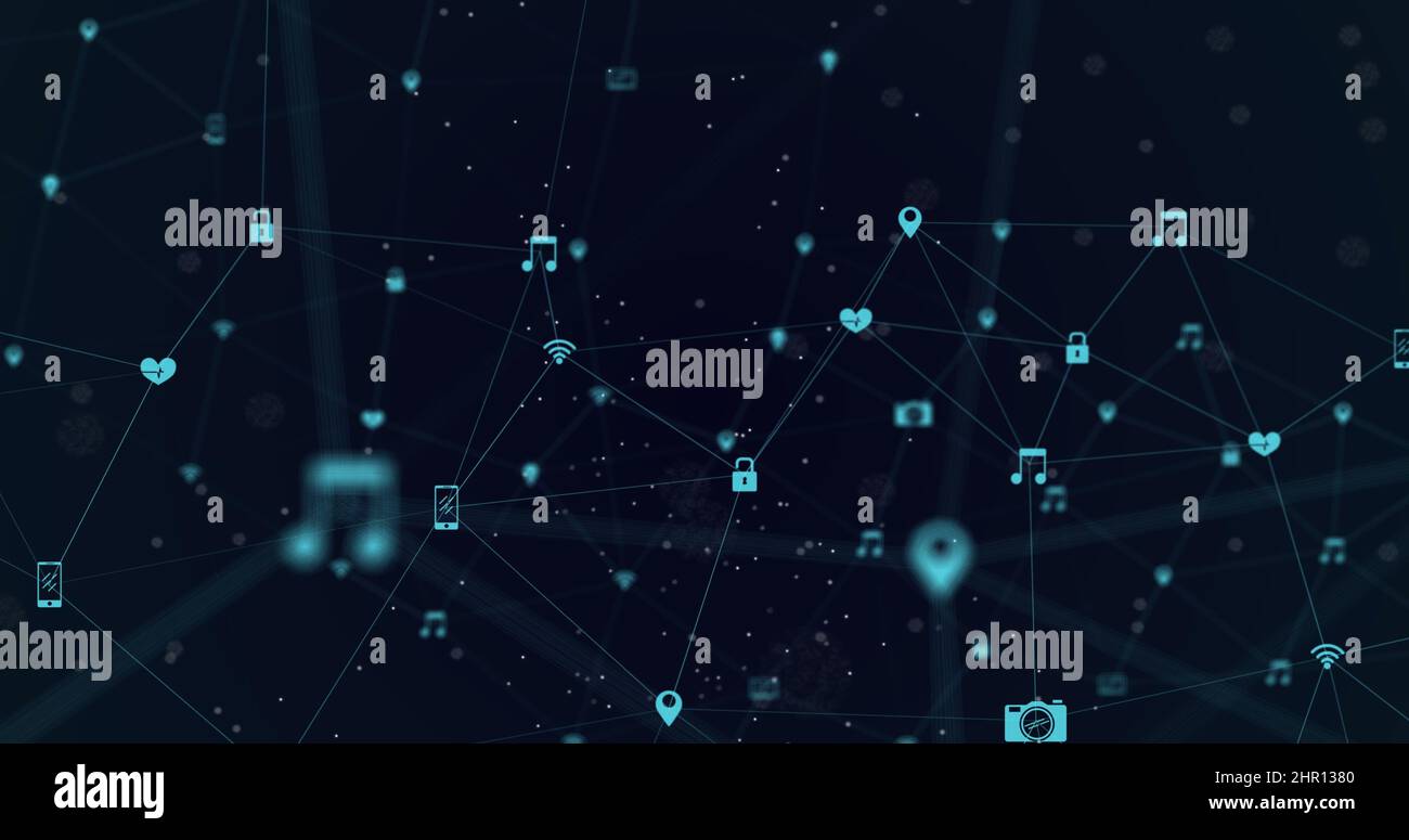 Image of network of connection and icons over blue background Stock ...