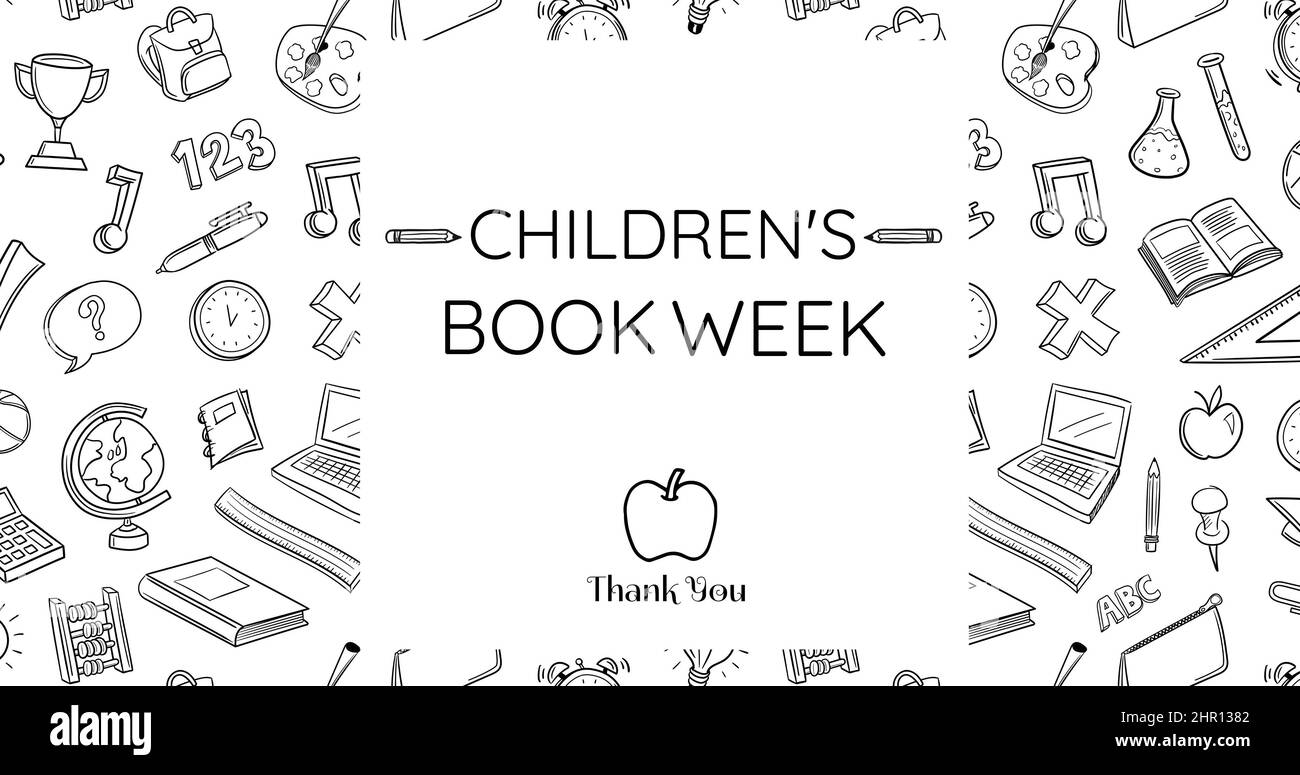 Image of children book week text over school items on white background ...