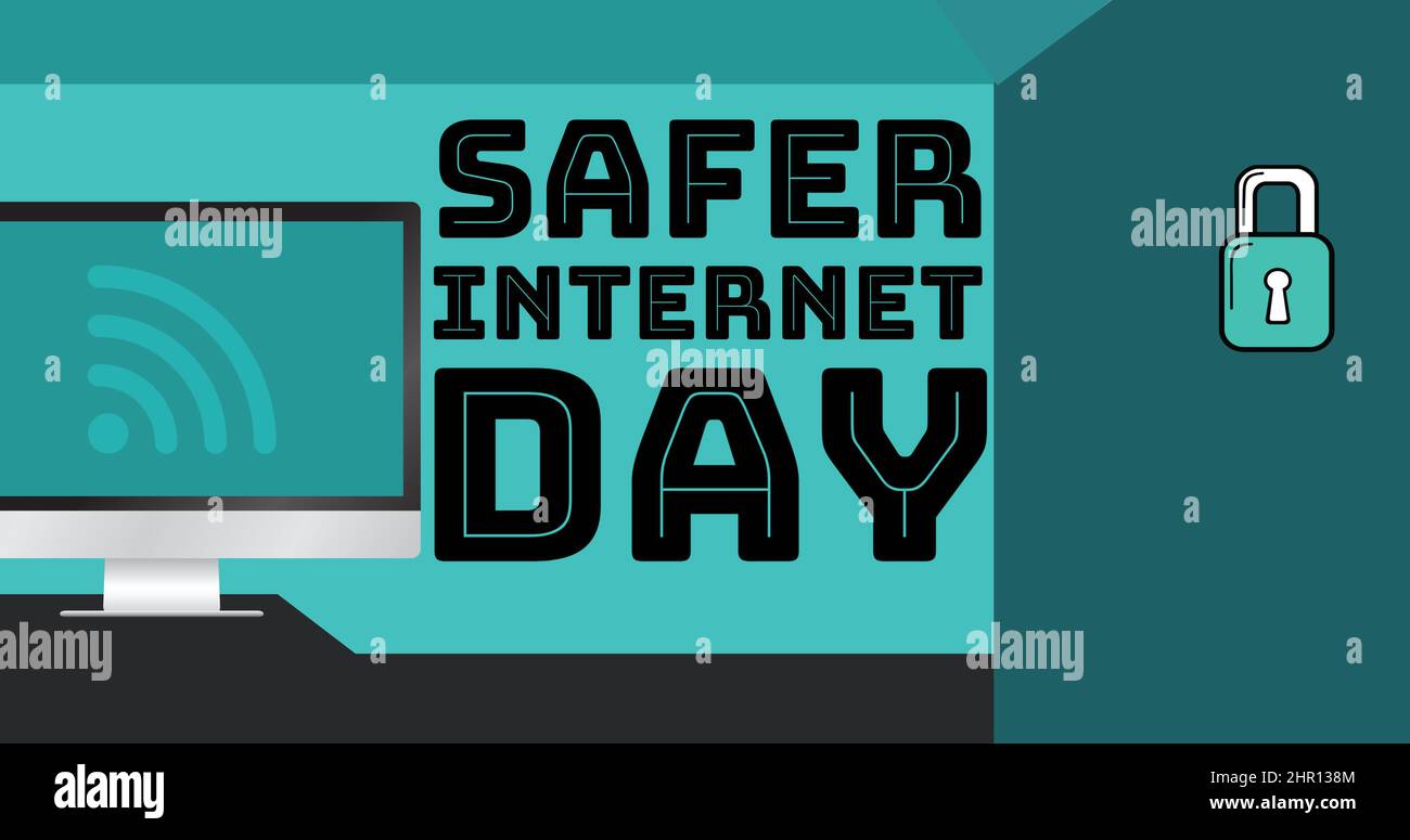Image of safer internet day text over icons and blue background Stock ...