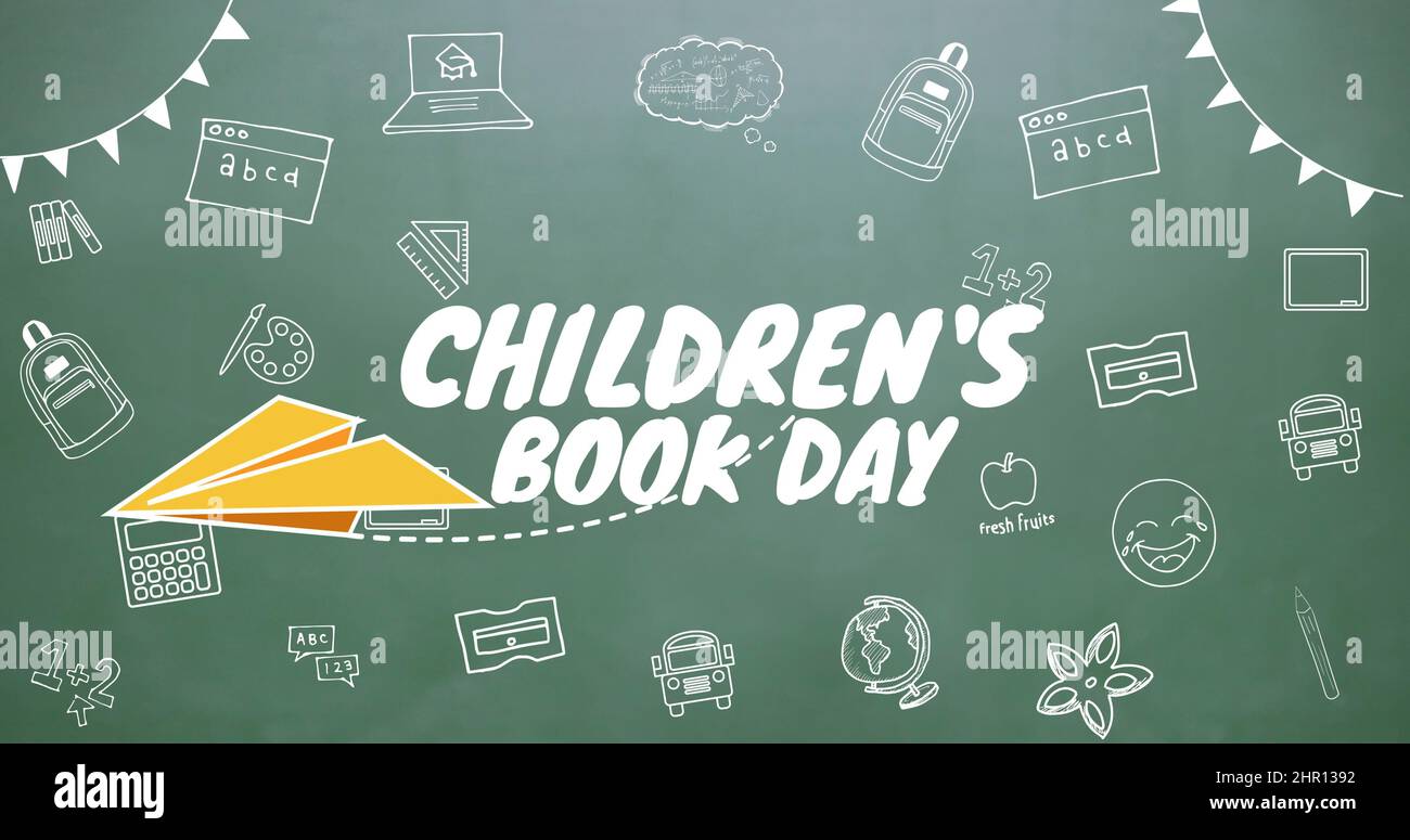 Image of children's book week text over school items on green ...