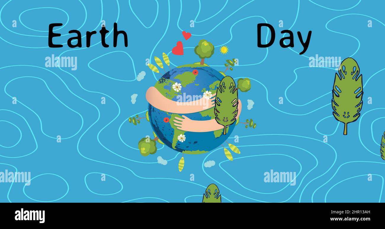 Image of earth day text over arms wrapped around globe and trees on ...
