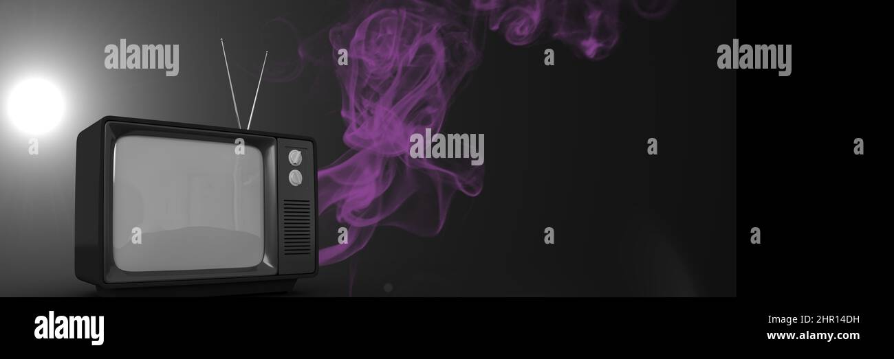 Television, spot of light and purple digital wave with copy space on ...