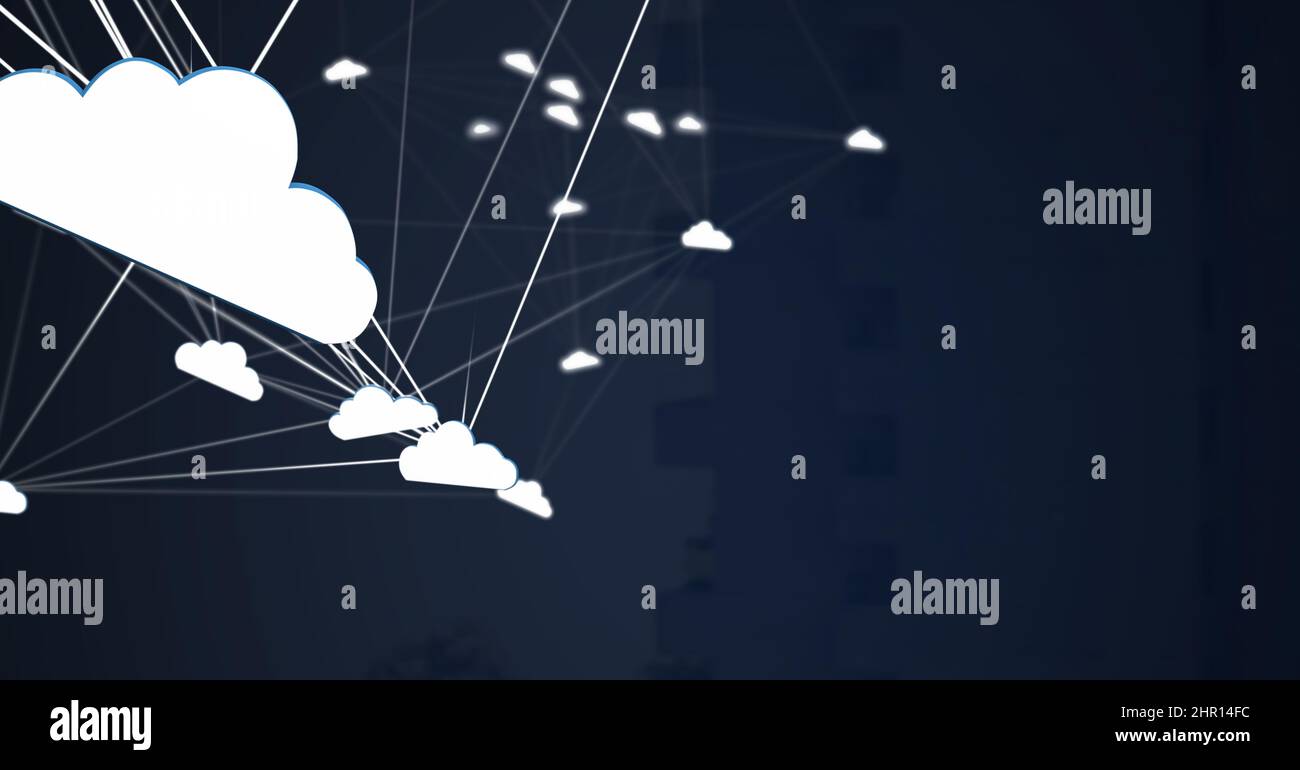 Network of cloud icons against tall buildings in background Stock Photo ...