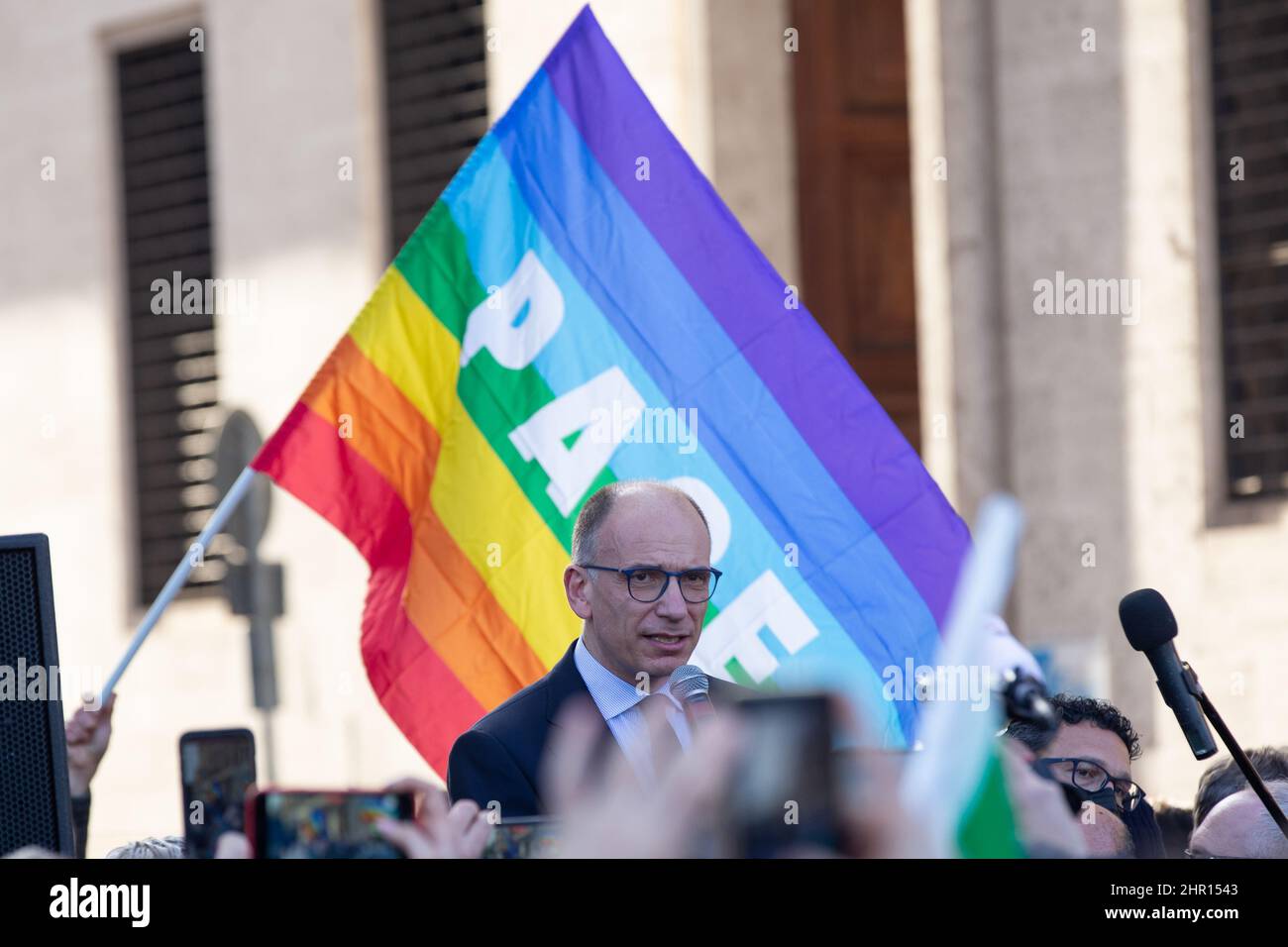 Rome, Italy. 24th Feb, 2022. Secretary of Democratic Party Enrico Letta during sit-in near ...