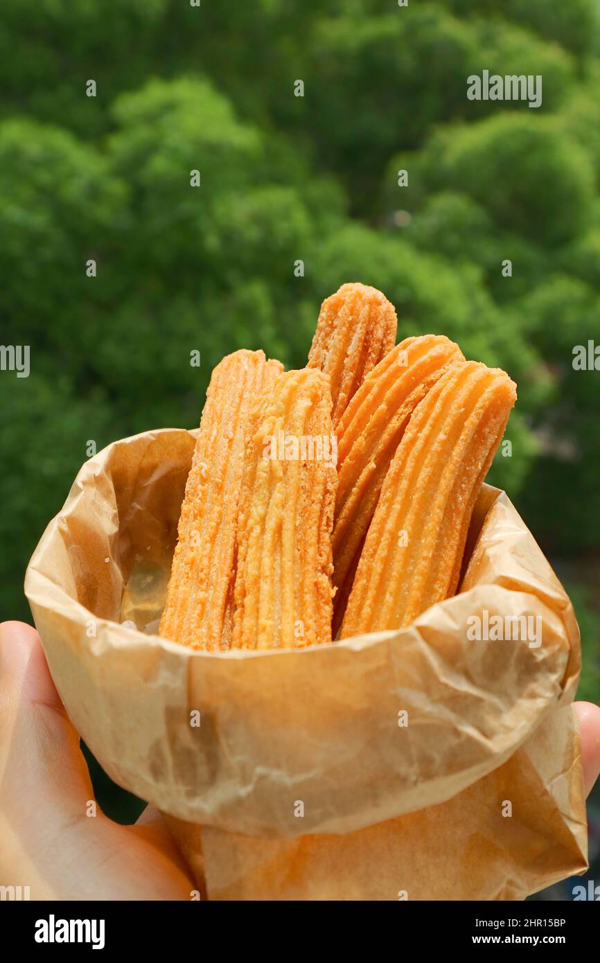Bag of Delectable Churros Sticks in Hand against Blurry Green Foliage ...