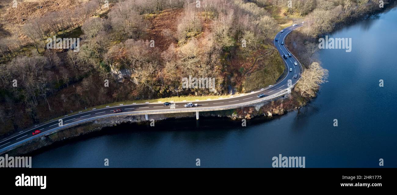 Loch Lomond aerial view showing the A82 road during autumn Stock Photo ...