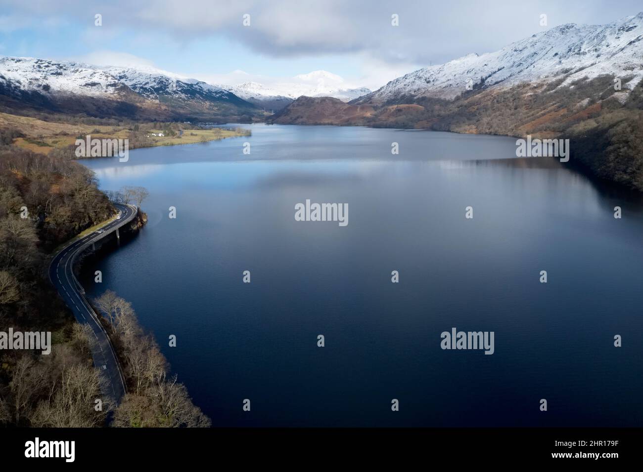 Loch Lomond aerial view showing the A82 road during autumn Stock Photo ...