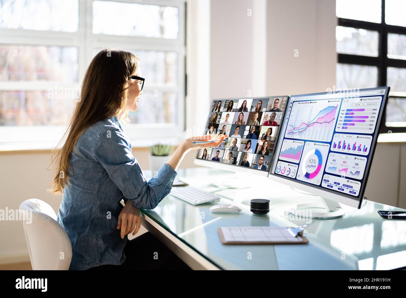 Virtual Telework Webinar And Learning Presentation. Person Telecommute ...