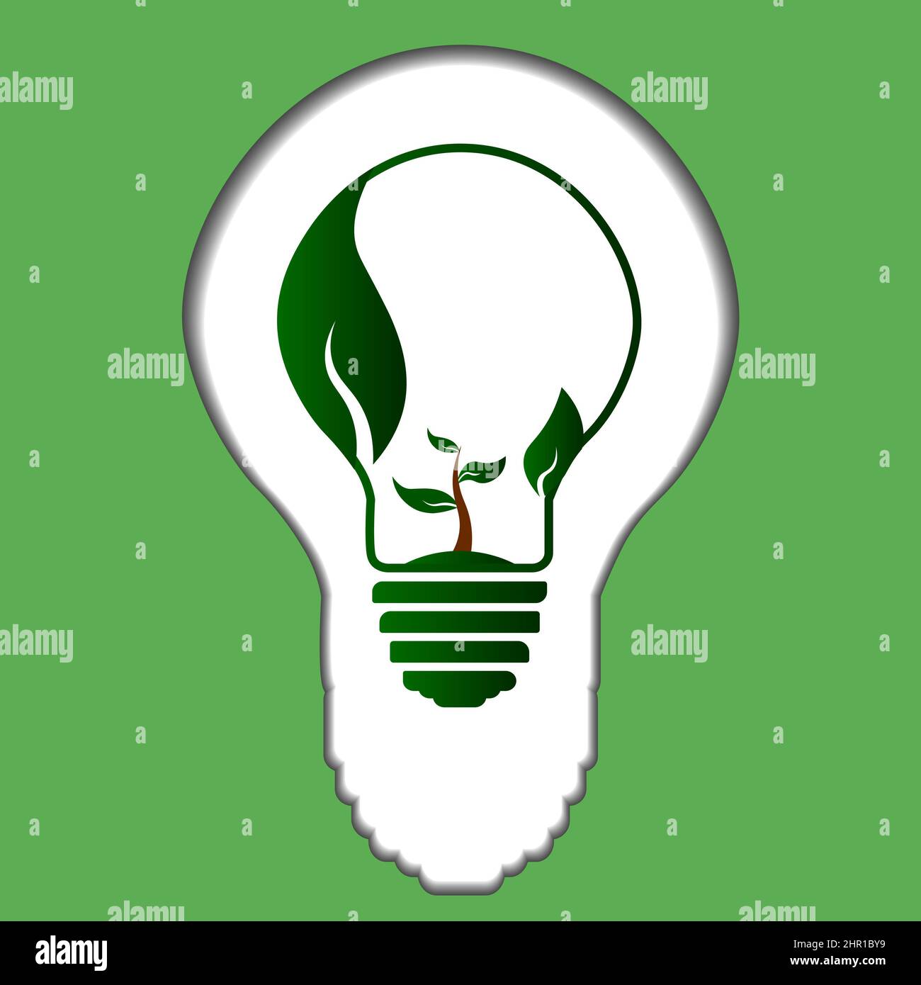 Green contour of shining electric light bulb with three green leaf ...