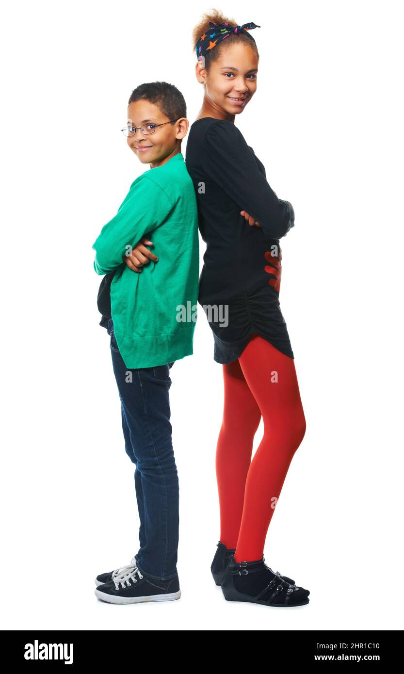 Youth in isolation. A studio shot of two adorable kids standing back to ...