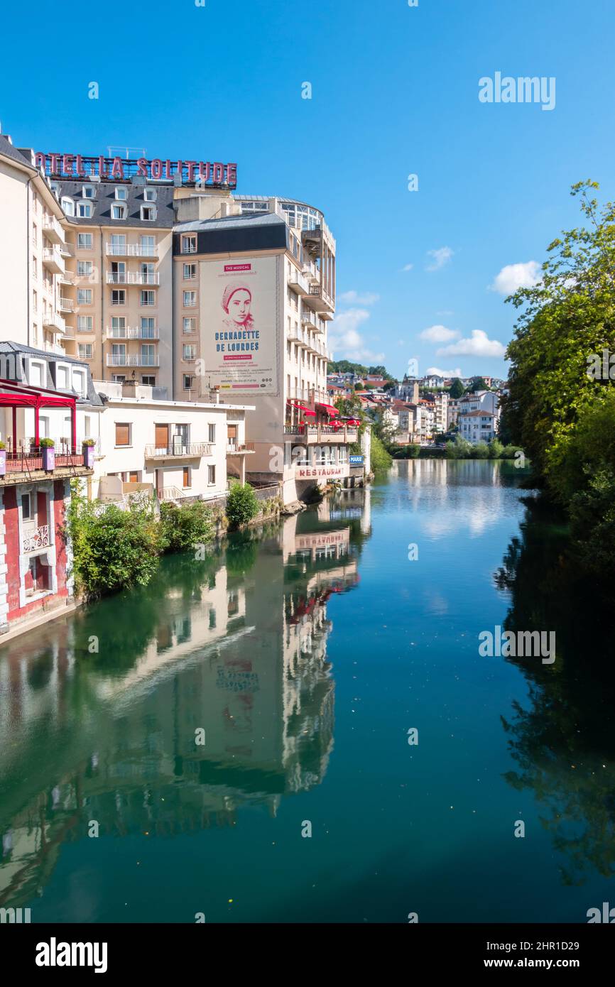 Lourdes, France - August 28, 2021: Cityscape of Lourdes with hotels and ...