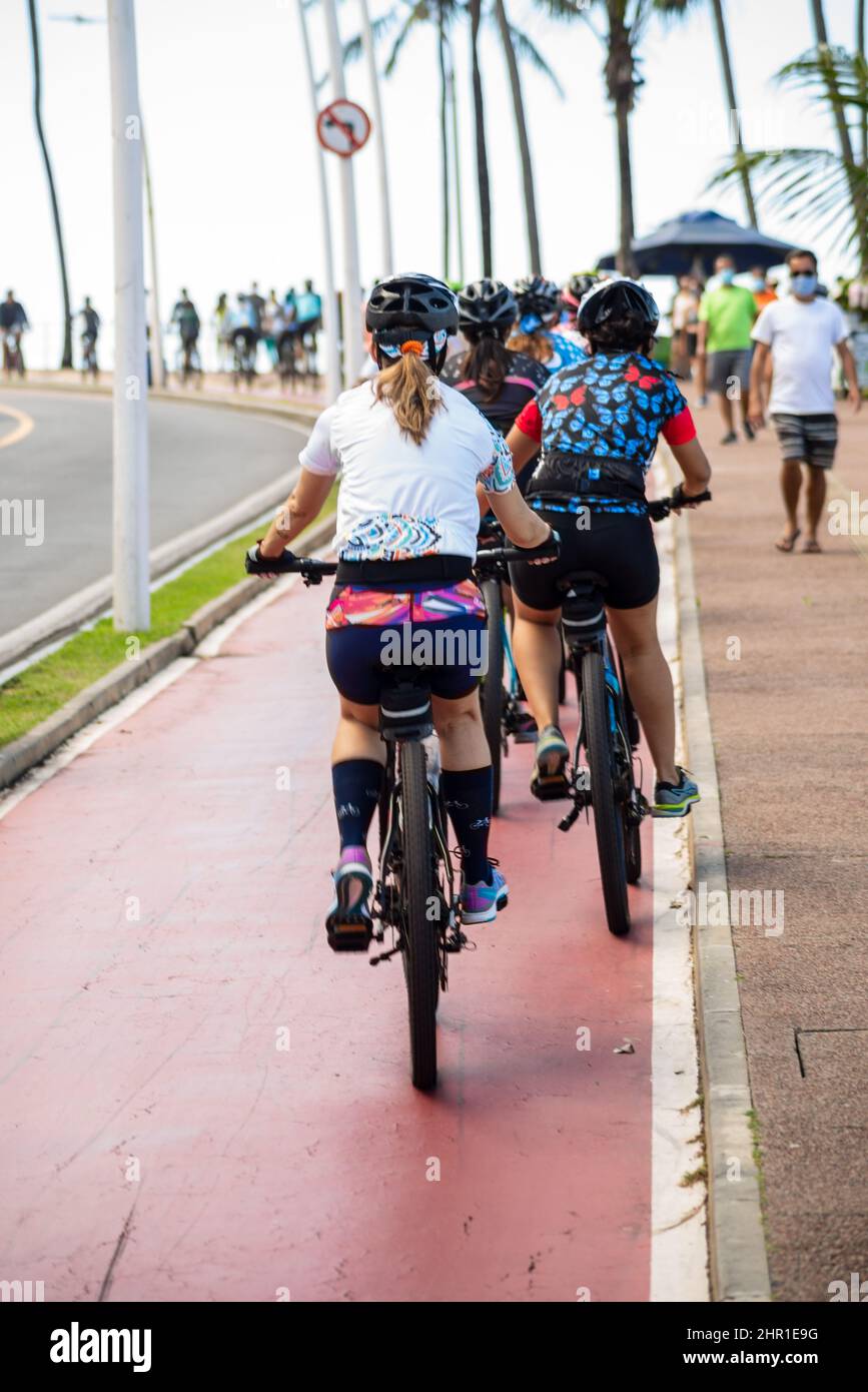Several cyclists on the Farol da Barra bike path in Salvador, Bahia ...