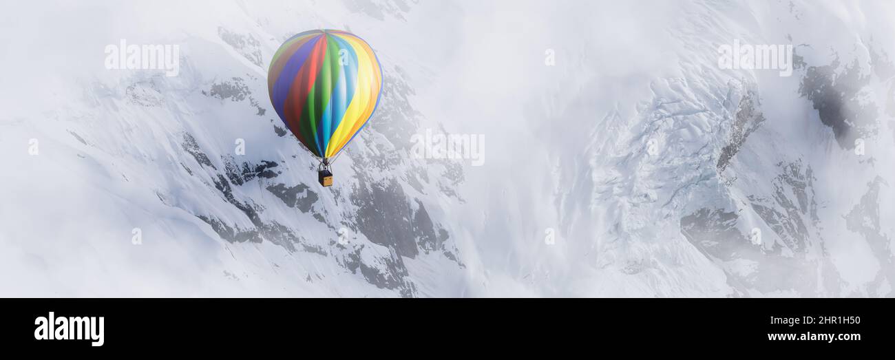 Hot Air Balloon flying over the Snow Covered Canadian Glacier Mountains ...