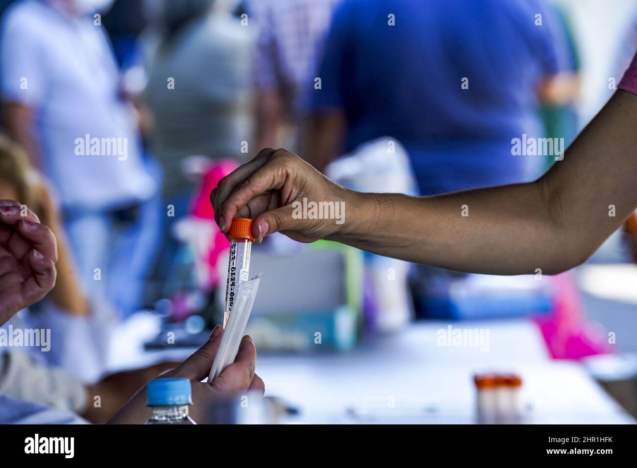 View of hands handling a testing tube to get a swab sample during the ...
