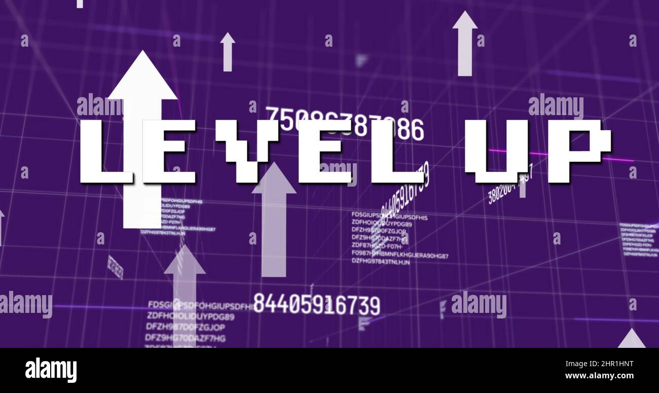 Image of level up text over data processing and arrows on purple ...