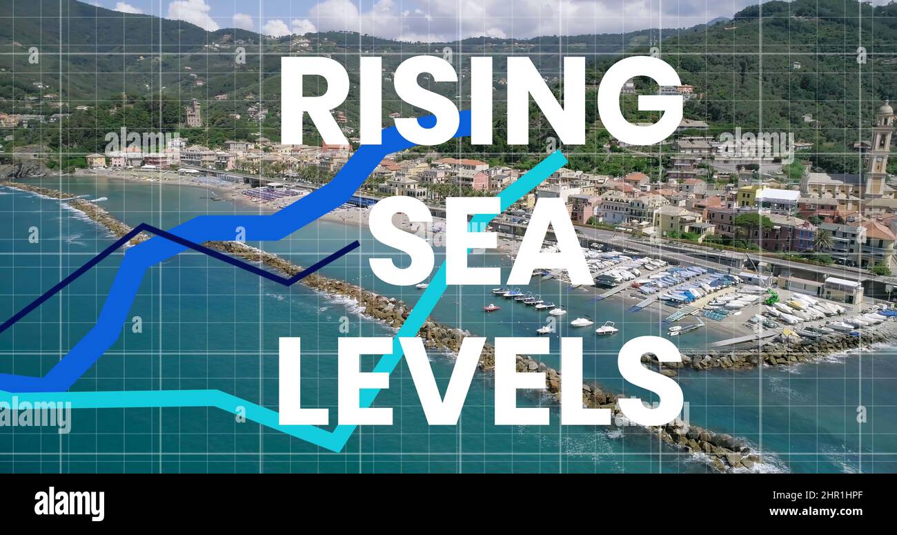Rising Sea Levels text and blue graphs moving against coastline with ...