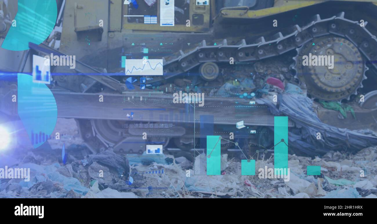 Image of statistics and data processing over buildozer at waste ...