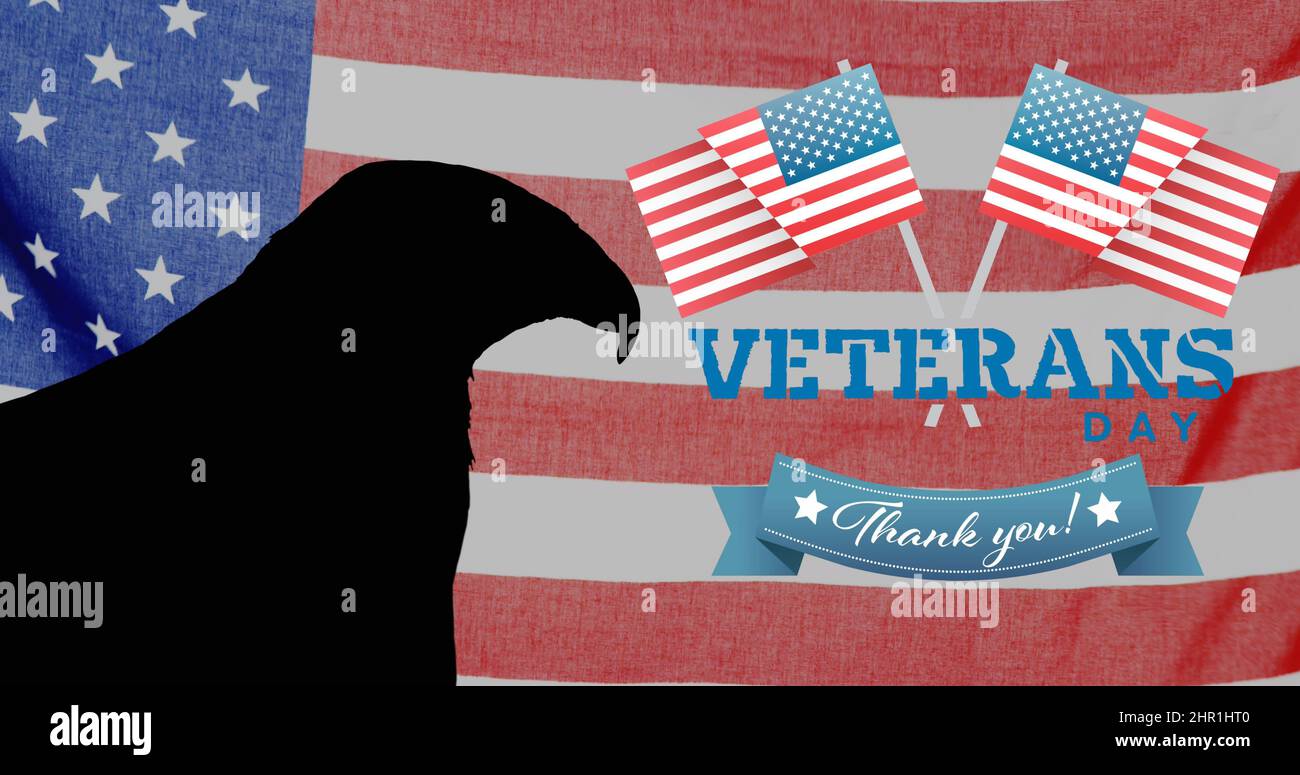 Composition of veterans day thank you text, with eagle silhouette and ...