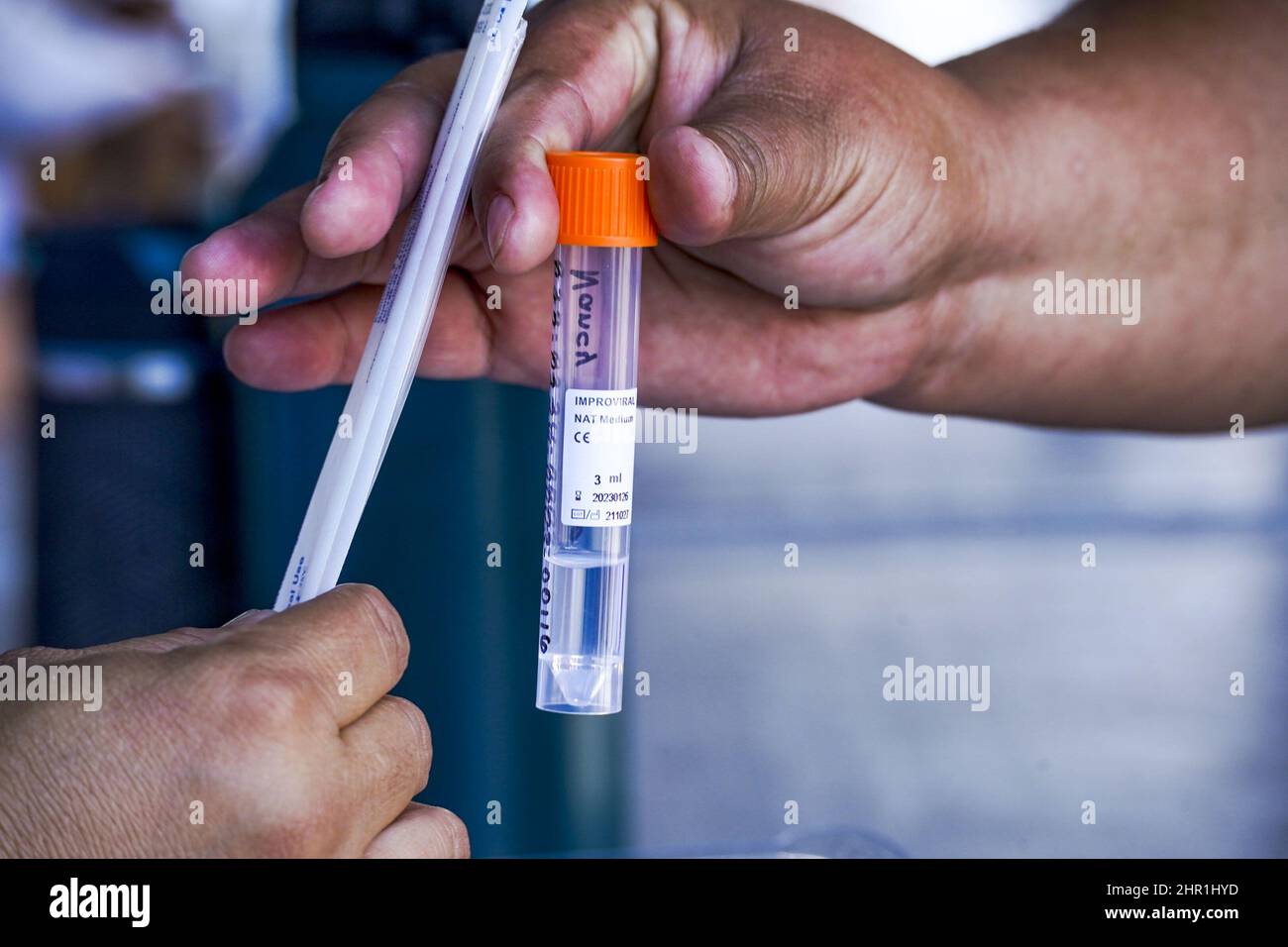 View of a hand handling a testing tube to get a swab sample during the ...