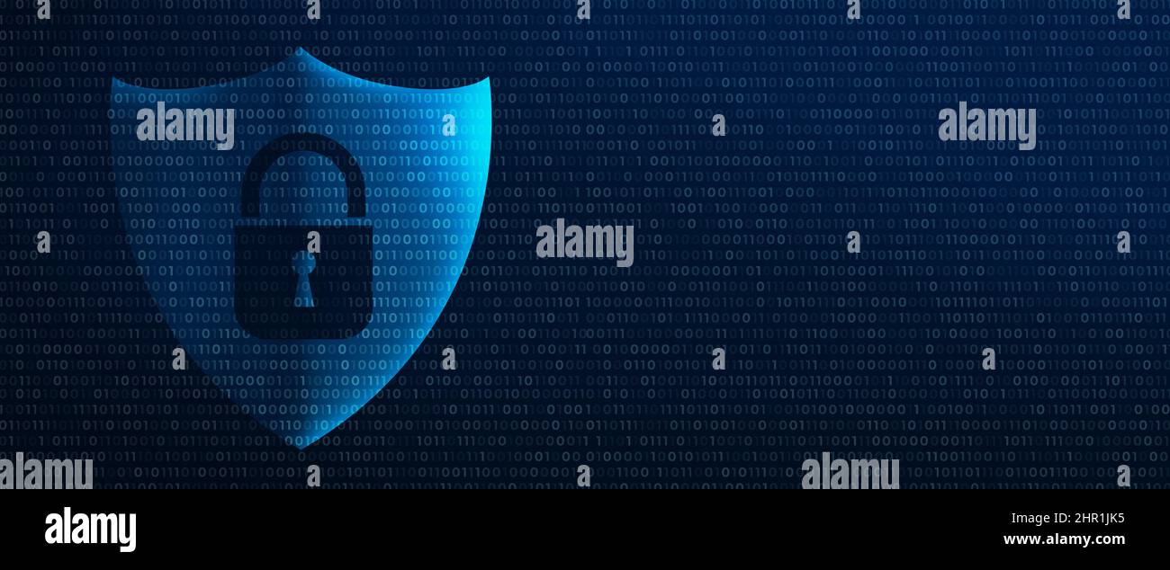 Shield with Padlock icon on binary code with blue digital background ...
